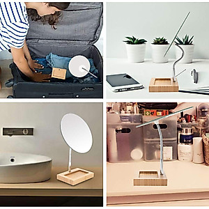 YEAKE Flexible Gooseneck Bamboo Vanity Makeup Mirror,360°Rotation 8" Large Frameless Vanity Mirror Folding Portable Table Desk Mirror with Stand Bathroom Shaving Make Up Mirrors Round