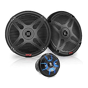 Pyle 6.5'' Dual Marine Speakers Kit - Waterproof-Rated w/Amplified Bluetooth Remote Control Receiver for Powersport Vehicles, IP65 Marine Grade Rating, 600 Watt Max Power PLMRKT8, Black