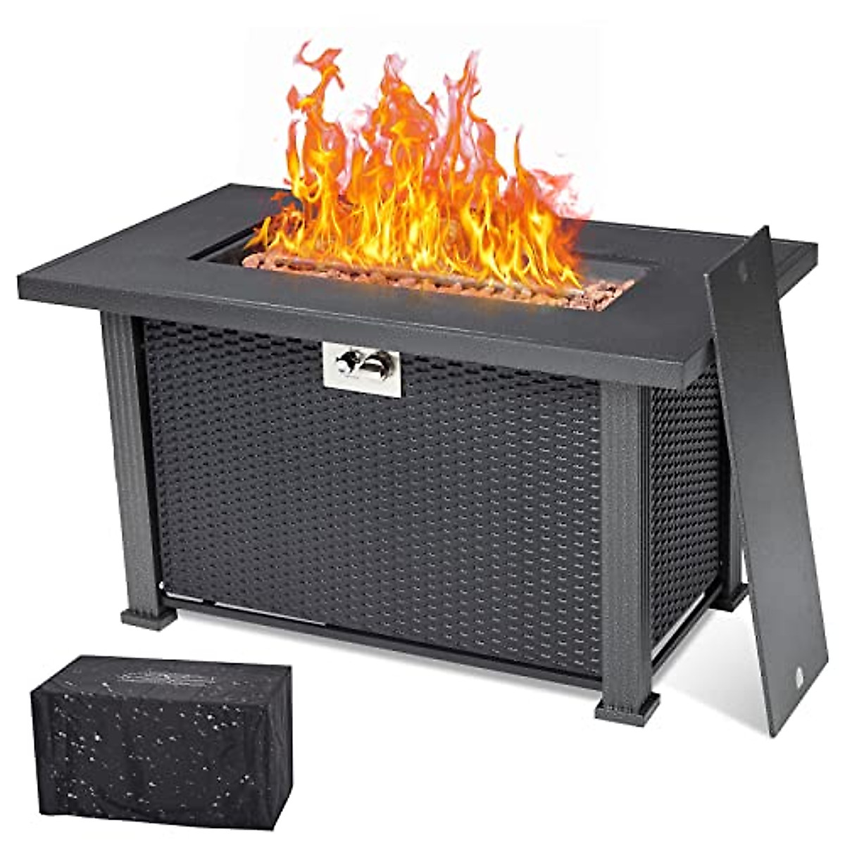 44 Inch Propane Fire Pit Table, 50000BTU Rectangle Fire Table with Cover & Rain Cover, Sturdy Steel and Iron Fence Surface, CSA Safety Certified