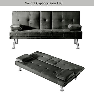 MWrouqfur 66" Modern Linen Fabric Sofa Bed Futon,Convertible Folding Sleeper Couch Bed with Cup Holders w/Removable Armrest,Loveseat Recliner Sofa for Living Room Apartment Office (Grey)