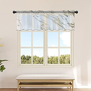 Sheer Valances for Windows Rod Pocket Kitchen Valance Curtains Classic Marble Texture White and Gold Valance Panels for Living Room Bedroom Decoration, Chiffon Curtain Window Treatment 54"x18"