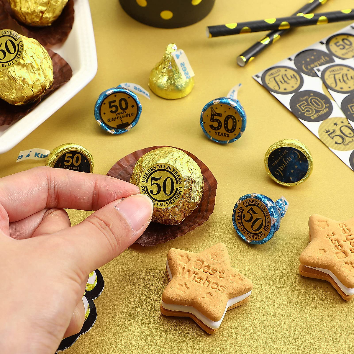 Tenare 504 Pieces Black and Gold Birthday Party Favor Stickers Cheers to Label Stickers Mini Chocolate Candy Wrappers for Birthday Party Decor(50th)