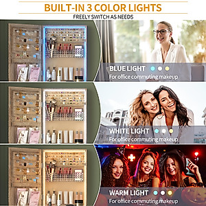 LVSOMT LED Jewelry Mirror Cabinet 47.2", Wall/Door Jewelry Armoire Organizer, Full-Length Mirror with Jewelry Storage, Over The Door Hanging Mirror, 2 Drawers, Lockable, Wood