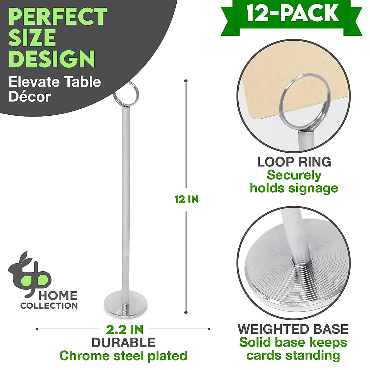 Gray Bunny Metal Table Number Holders, 12 Pack, 12 Inches, Chrome Place Card Holders, Picture Holders for Tables, Table Card Holders for Wedding Table Numbers, Table Number Stands, Table Sign Holders