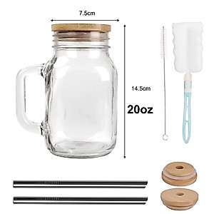 AmzFan Mason Jar with Lid and Straw, 2 Pack 20 OZ Mason Jars with Handle, Mason Jar Cups, Drinking Glasses Tumbler Reusable Boba Cups Smoothie Water Bottles for Iced Coffee, Milkshake, Smoothie, Tea
