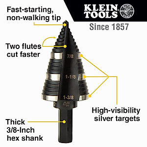 Klein Tools Hole Cutter Kit + Step Drill Bit | 4-Piece Carbide Hole Cutter Set with Pilot Bit and 3/8 in. Hex Shank Double Fluted Step Drill Bit