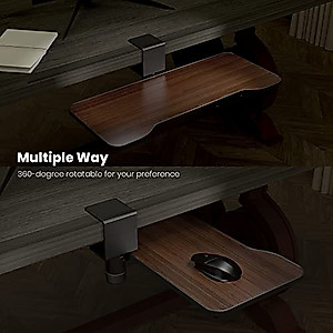 Keyboard Tray Under Desk,360 Rotating Keyboard&Mouse Tray with Drawer,Yikola Desk Extender Adjustable C-Clamp, Ergonomic Platform Tray Under Table,No Drilling Install 23.54'' x 9.8''in-Walnut Pattern