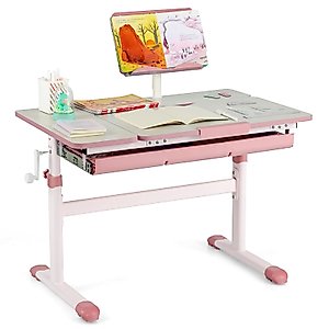 Costzon Kids Desk, Ergonomic Height-Adjustable Children Study Table w/Tiltable Desktop & Book Stand, Pull-Out Storage Drawer & Scale Ruler, Student Workstation for Writing, Drawing, Reading (Pink)