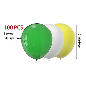 JODIDI 100 Pcs 12 Inch Latex Balloons in Green, White and Yellow, Perfect for Spring, Children's Birthday, Summer, Graduation, St. Patrick's Day， Wedding and Baby Shower Party Balloons Decorations