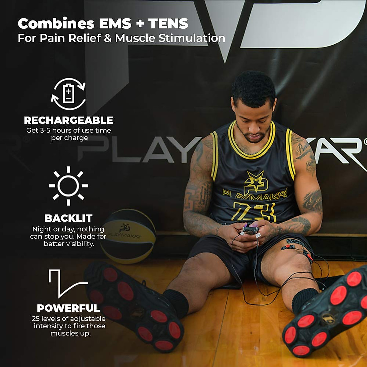 PlayMakar TENS Unit + Muscle Stimulation System | TENS for Pain Relief | Muscle Stimulation for Muscle Training and Recovery | 10 Pre-Set Programs | Backlit Display