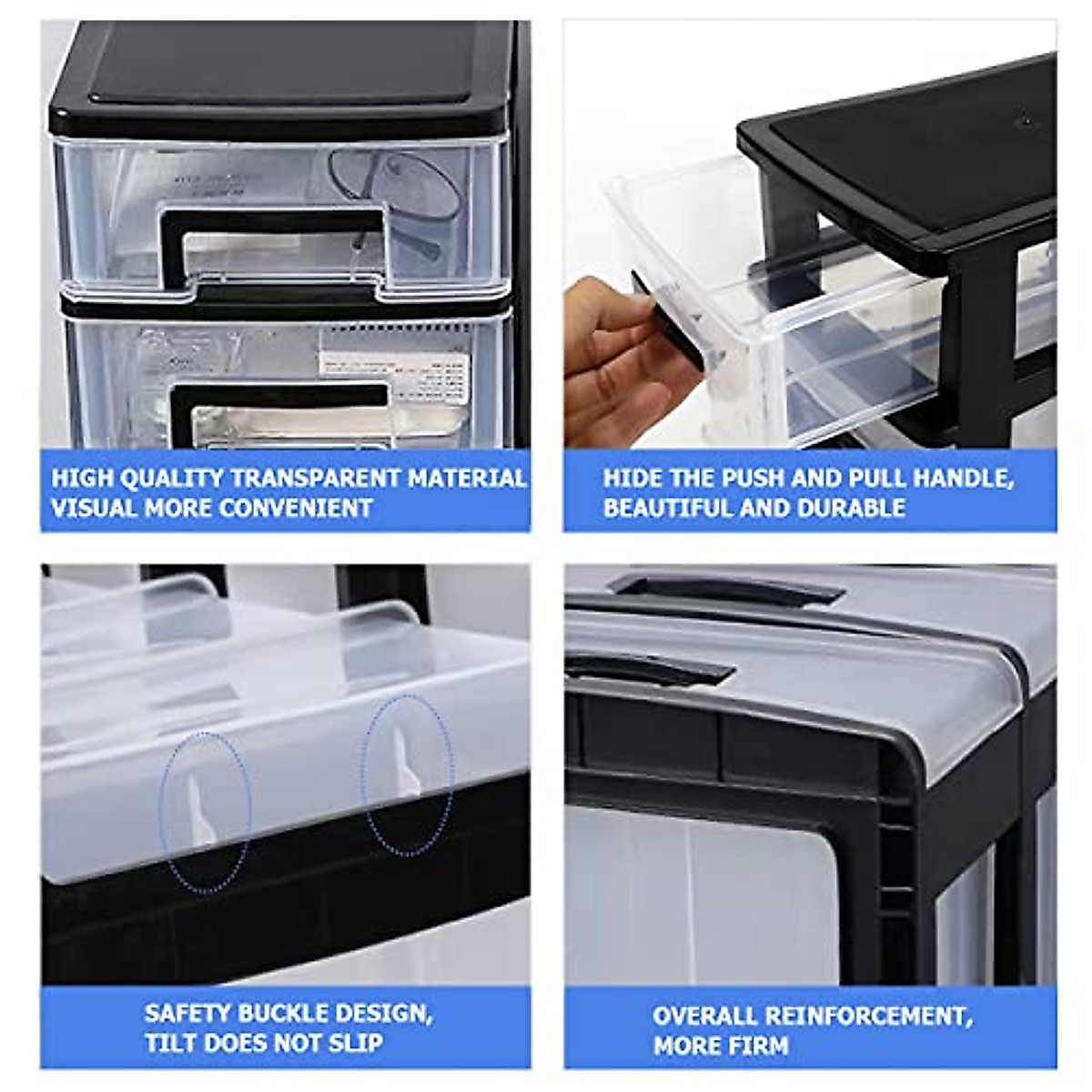 LNQ LUNIQI 3 Tier Plastic Drawer Type Closet,Portable Storage Cabinet Sundries Storage Cosmetics Jewelry Storage Box for Home Office(Black &Transparent)