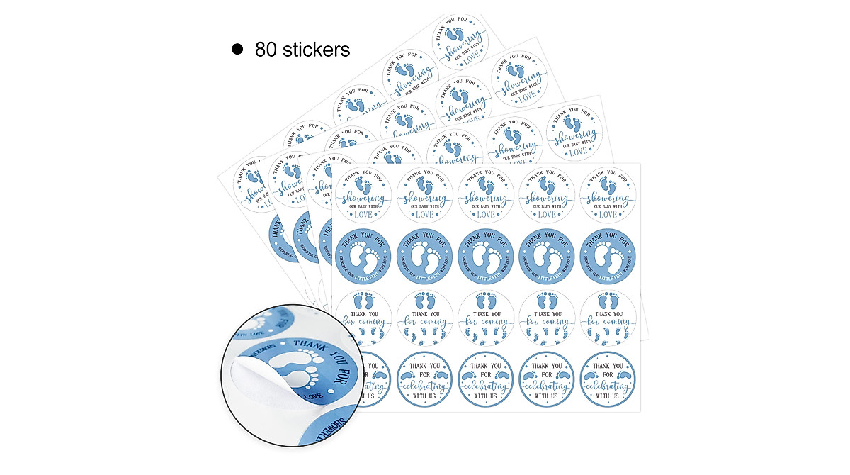 80 Baby Shower Thank You Stickers Blue Footprint Theme | Bemoor