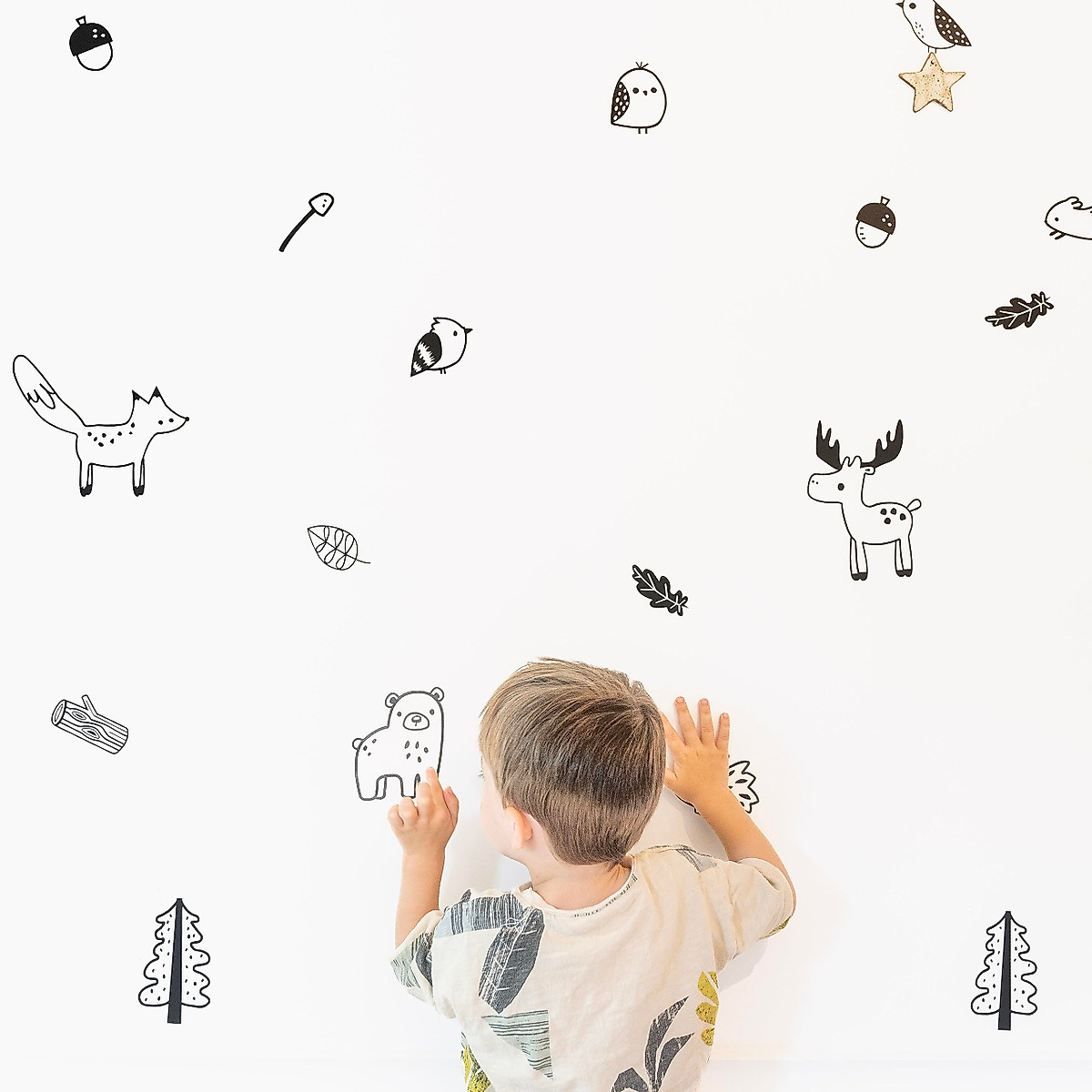 The Boho Design Forest Animal Wall Decals Peel and Stick for Kids, Baby Bedroom Nursery and Living Room, Vinyl Wall Stickers Decor, Original Artist Design. 36 pcs Adhesive Nordic Style (Black)