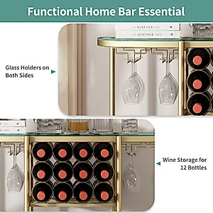 O&K FURNITURE Industrial Wine Rack Table with Glasses Holder, Liquor Bar Cabinet with Wine Storage, Freestanding Floor Wine Cabinet for for Bar, Buffet, Living Room