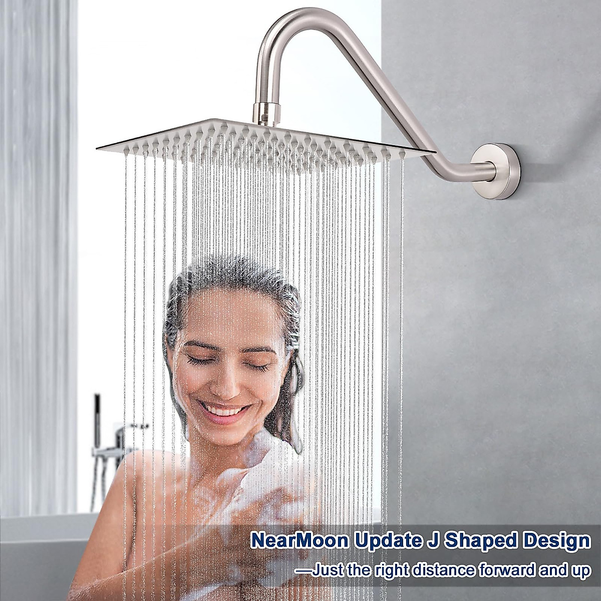 NearMoon J Shaped Shower Head Extension Arm, Stainless Steel Shower Head Height Extender with Flange, Riser Pipe Design for Cozy Shower Experience, Standard 1/2" Connection (12 Inch, Brushed Nickel)
