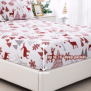 Luxudecor Christmas Sheets Set Queen Size 4 Piece Red Reindeer Fitted Sheet Deep Pocket Soft Microfiber Bedding Sheets and Pillowcase Set for All Seasons