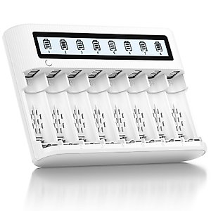 EBL AA AAA Battery Charger, Independent 8 Slots with Advanced Discharge Function, LCD Screen for 1.2V NiMH NiCD Rechargeable Batteries, Micro USB and Type C Input