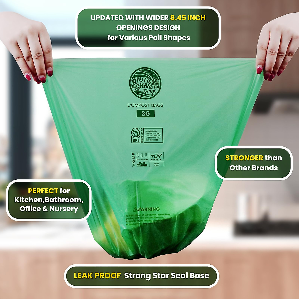 Compost Bags 3 Gallon,100 Count,Compost Food Scrap Waste Bags Fits Countertop Bin,Small Kitchen Food Scrap Waste Bags,Compost bin bags,Certified by BPI,ASTM D6400 and OK compost HOME certified