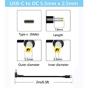 CERRXIAN 6.5ft 100W PD USB Type C Male Input to 90 Degree DC 5.5 x 2.5 mm Male Power Charging Cable for K55A K55N K501UX K53E Q550L G360 G450 G455(5525-100W)