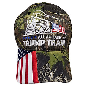 All Aboard The Trump Train 2020 Woodland Camo USA Flag Bill Embroidered Hat Cap