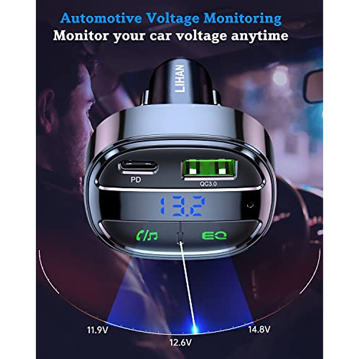 LIHAN FM Transmitter Car Bluetooth Adapter, LIHAN Wireless Aux Radio, Hands-Free Call, Type-C & Fast Car Charger, MP3 Music Player, Support USB Drive/TF Card