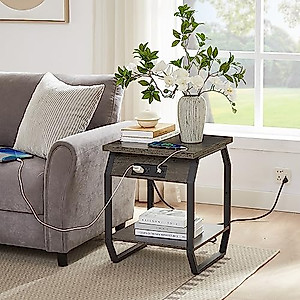 Anwick End Table with Charging Station Set of 2 Side Table with USB Ports and Outlets, Nightstand with Storage, Bedside Tables for Small Spaces, Sofa Side Tables for Living Room Bedroom(Grey)