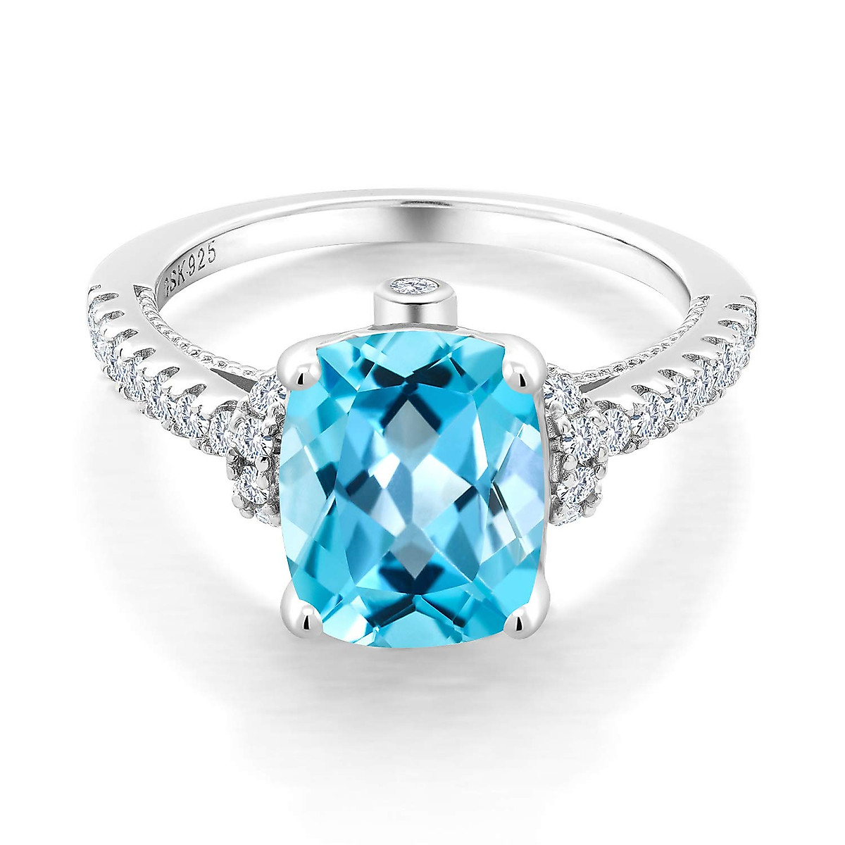 Gem Stone King 4.00 Cttw Swiss Blue Topaz and White Created Sapphire Engagement Ring For Women Set In 925 Sterling Silver | 10X8MM Cushion Cut | Available in size 5, 6, 7, 8, 9