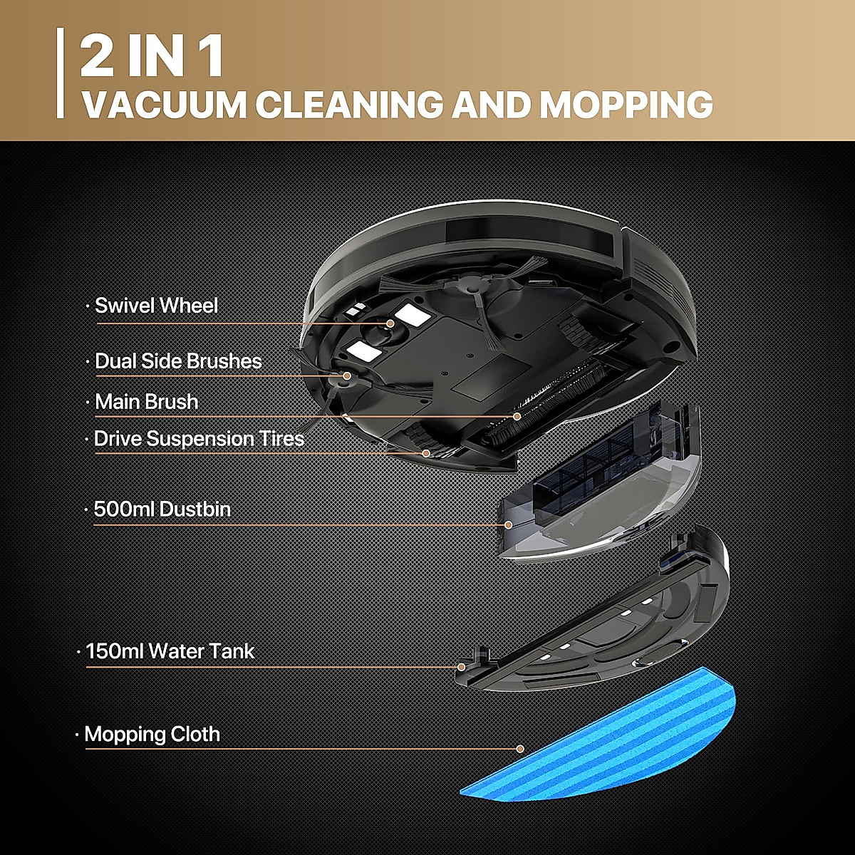 mollie Robot Vacuum and Mop with Wi-Fi/App, Automatic Self-Charging Robotic Vacuum Cleaner, 2800Pa Suction, Slim, Good for Hard Floors Carpets, Black