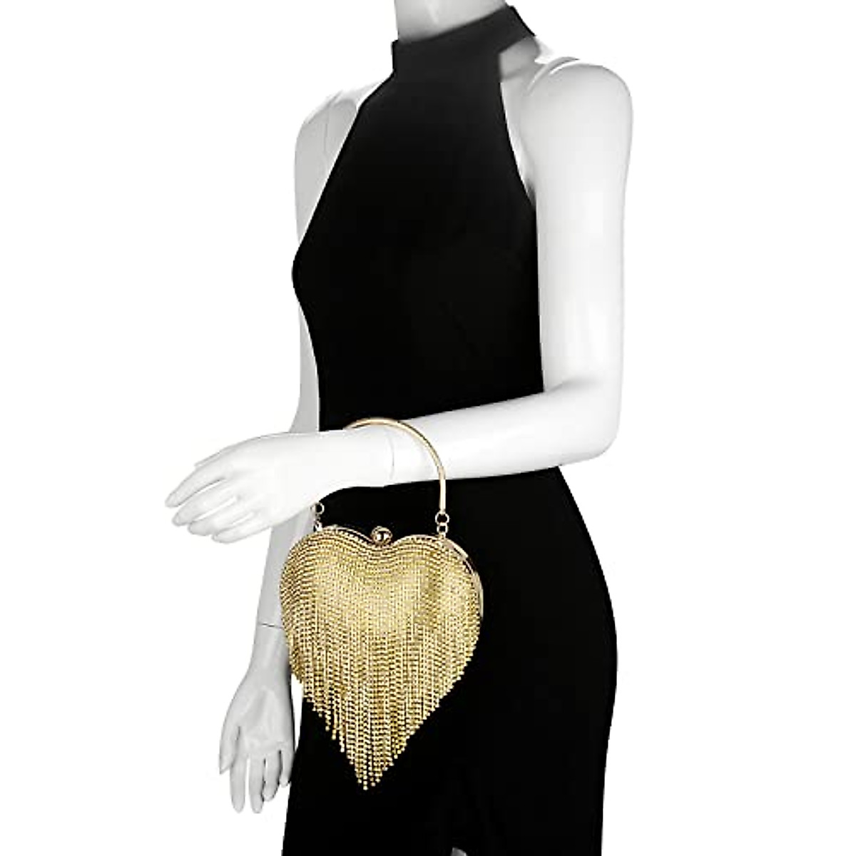 Women Heart Shape Crystal Tassel Evening Clutch Purse, Single-Sided Rhinestones Lady Party Wedding Crossbody Shoulder Ring Handle Handbag (Gold)