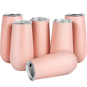 Maxdot 6 Pieces Stemless Champagne Flutes Double-insulated Champagne Tumbler with Lips, 6 OZ Stainless Steel Unbreakable Cocktail Cups for Coffee Wine Glass Tumbler (Pink)