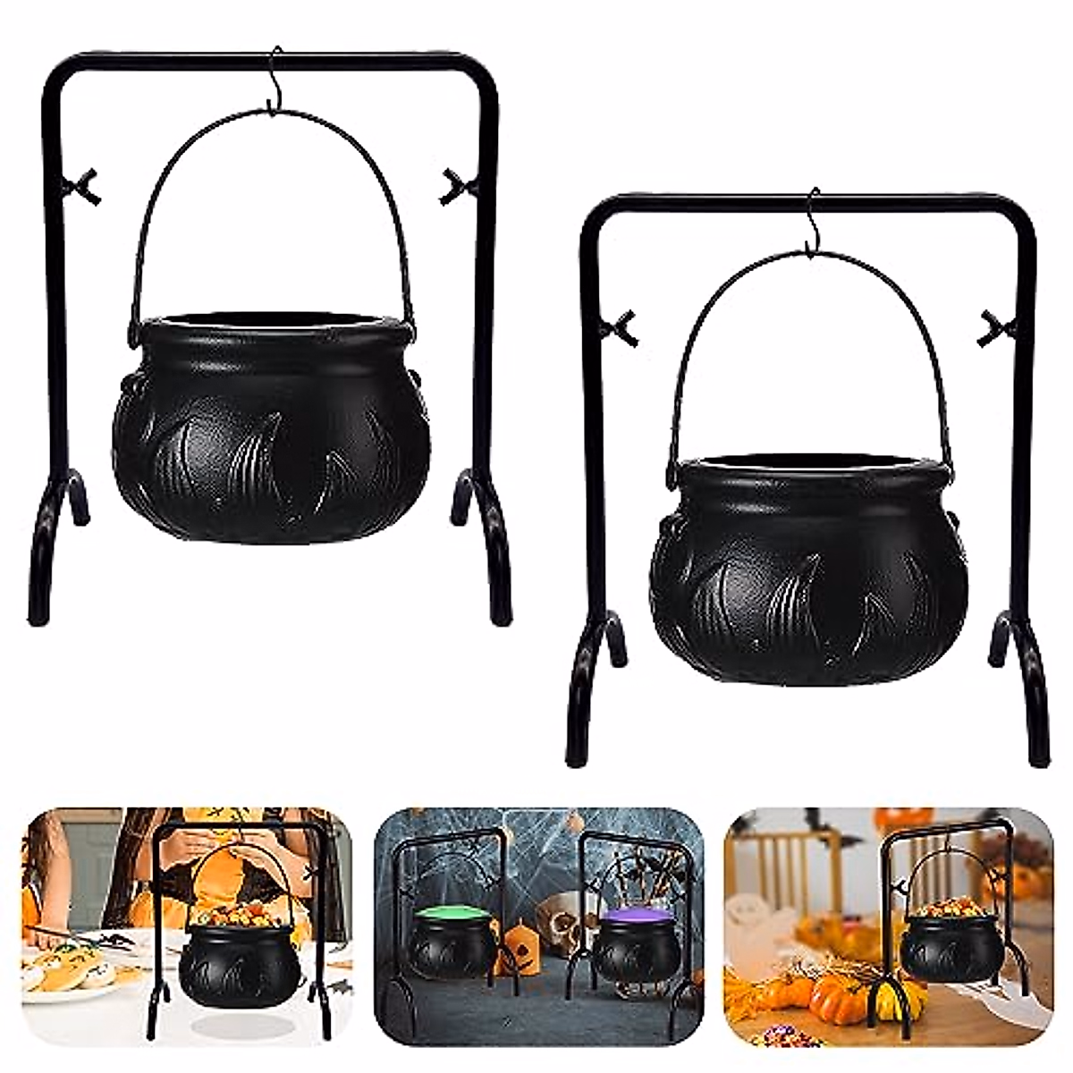 Ahzemepinyo Halloween Witches Cauldron Serving Bowls Rack Decor Set 2 Pieces Black Plastic Candy Bucket Cauldron with 2 Pieces Cauldron Rack for Halloween Party Trick or Treat Decorations