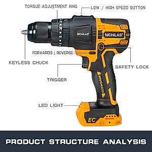 Nichilas Power Tools Combo Kit for DEWALT 20V Battery, Brushless Motor Electronic Chip Contact Startup, 5 IN 1 Cordless Drill Impact Wrench, Jigsaw, Sander, Trimmer Router (NO BATTERY)