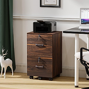 VINGLI 2 Drawer File Cabinet with Lock, Wood Dark Brown File Cabinet for Letter Size File Folders with Tabs, Under Desk Rolling File Cabinets for Home Office, Mobile Filing Cabinet Printer Stand