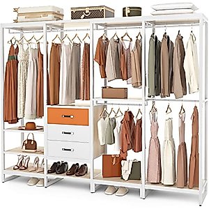 Cyclysio 84'' Heavy Duty Closet System, Large Wooden Garment Rack, L Shape Corner Walk-in Closet, Clothing Rack with Shelves, Closet Organizer System with 11 Shelves, 3 Wood Drawers, 6 Rod, White