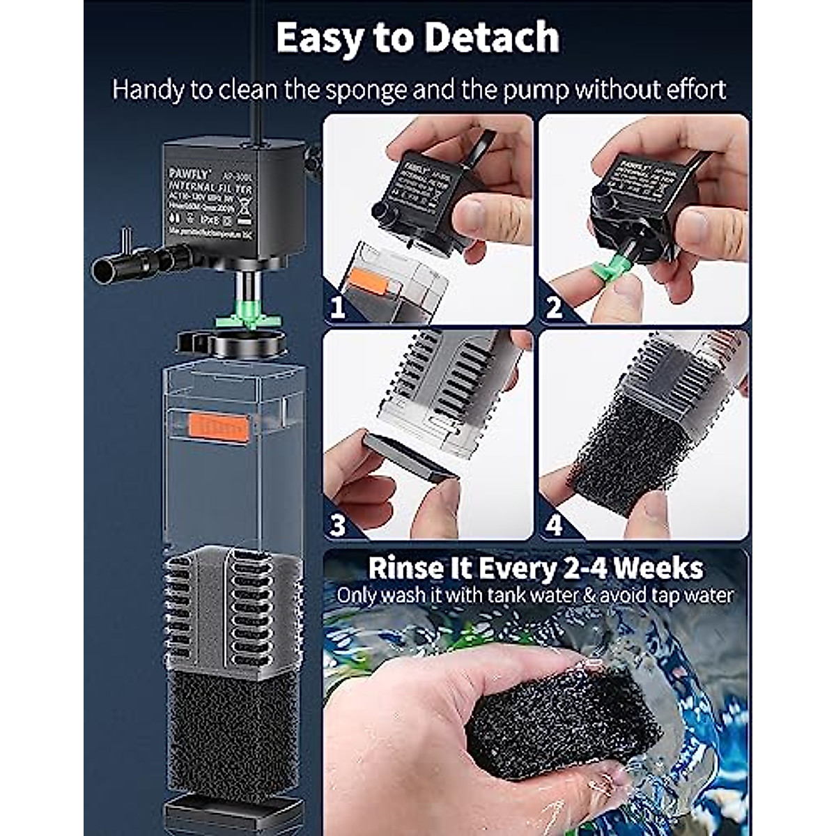 Pawfly Internal Aquarium Filter, Submersible Power Filter with 55 GPH Water Pump for 3 to 10 Gallon Fish Tanks Filtration Circulation and Oxygenation