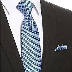 KissTies Mens Blue Tie Set Checkered Necktie Blue Ties + Pocket Square