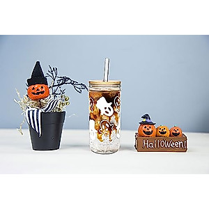 Halloween Cups, Ghost Decor 24oz Halloween Mug Mason Jar Glass Cups with Lids and Straws Ghost Tumblers Coffee Cups Cookie Jar Glasses Halloween Glassware Drinking Glasses Halloween Decorations Indoor
