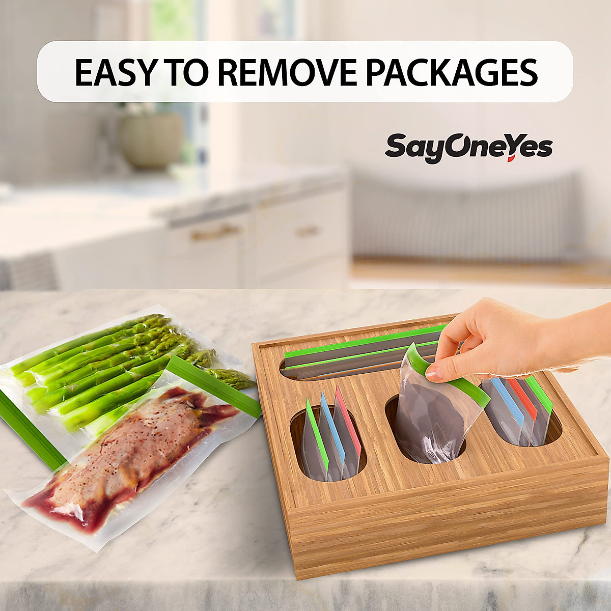 Sayoneyes Ziplock Bag Organizer for Drawer - Premium Bamboo Plastic Bag Storage Organizer for Kitchen – Compatible with Ziploc, Glad, Hefty, Solimo for Gallon, Quart, Sandwich & Variety Size Bags