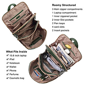 CLUCI Vegetable Tanned Full Grain Leather Laptop Backpack for Women 15.6 inch Computer Bags Stylish Travel Daypack Sassafras Green