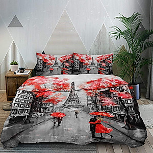 Yunine Paris Bedding Set Comforter Eiffel Tower Duvet Cover Set Romantic Couple with Umbrellas in The Street, Grey, red, Queen Size, 1 Duvet Cover and 2 Pillowcases