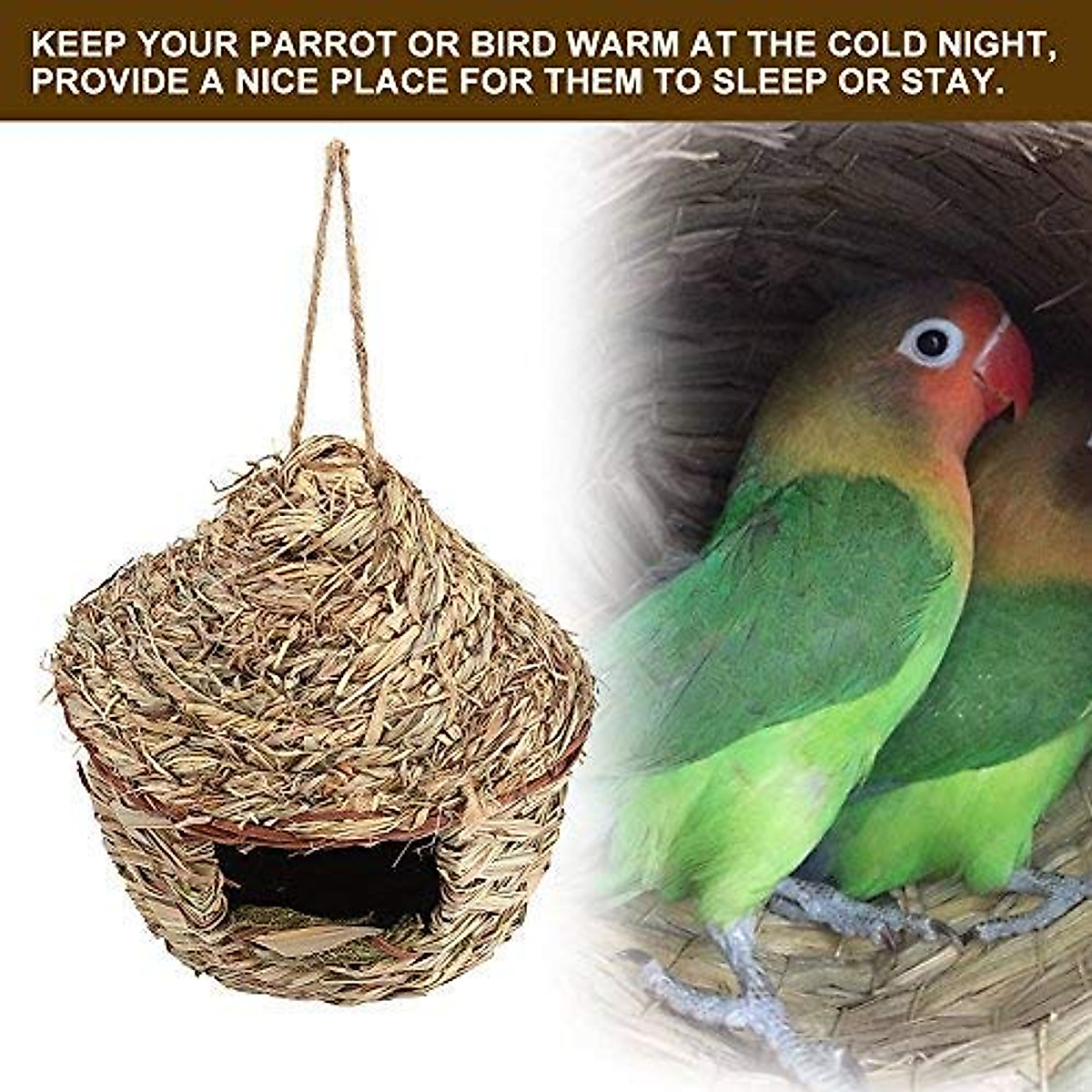 Fdit Bird Nest, Handwoven Straw Bird Nest Cage House Hatching Breeding Cave in 3 Size for Parrot, Canary or Cockatiel or Other Birds(S)