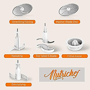 NutriChef Ultra Quiet 600 Watt Powered Electric Processor & Vegetable Chopper Multipurpose 12 Cup Processor, Speed Function for Easy Food Prep-6 Attachment Blades NCFP8, Day White