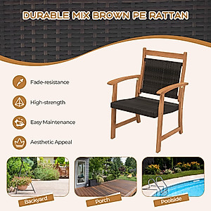 HAPPYGRILL 3 Pieces Rattan Wood Bistro Set, Patio Wicker Chairs Set with Acacia Wood Side Table, Outdoor Sofa Furniture Set for Yard Garden Porch Poolside