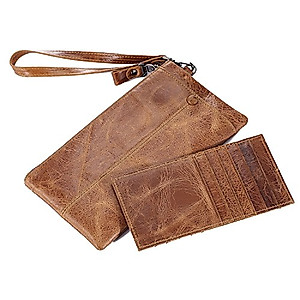 IVESIGN Women Genuine Leather Wristlet Zipper Clutch Wallet RFID Blocking Credit Card Phone Holder Hand Purse Large Capacity Brown