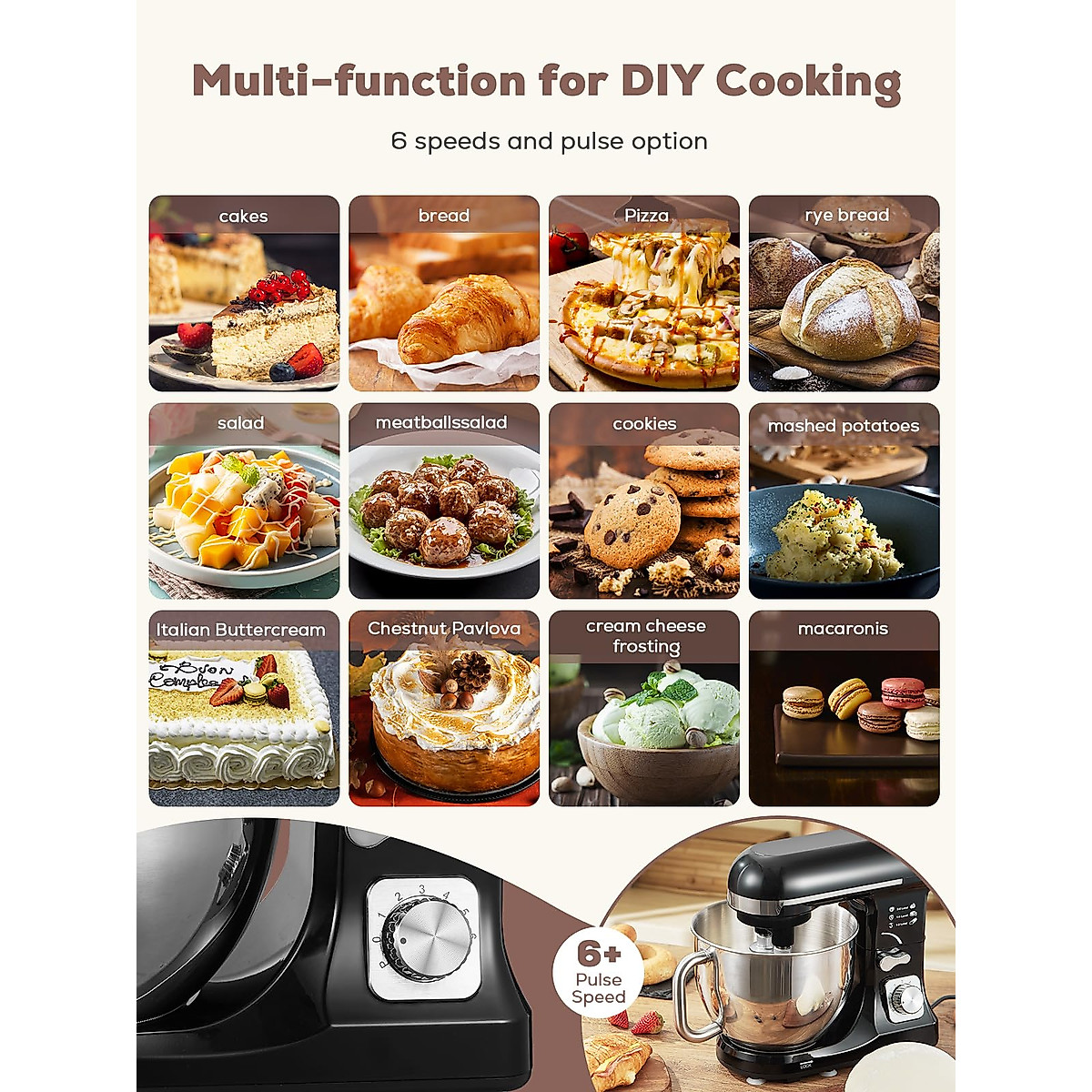 Stand Mixer Fohere, with Double Dough Hook, Wire Whip & Beater, 6+ P Speed Tilt-Head Food Mixer, Pouring Shield for Home Cooking, Dishwasher Safe Stainless Steel Bowl with Handle (Black)