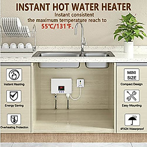 DAORDAER Mini Electric Tankless Water Heater 3000W 110V Constant Temperature Instant Hot Water Heater with Remote Control Digital Display On Demand Hot Water Heater