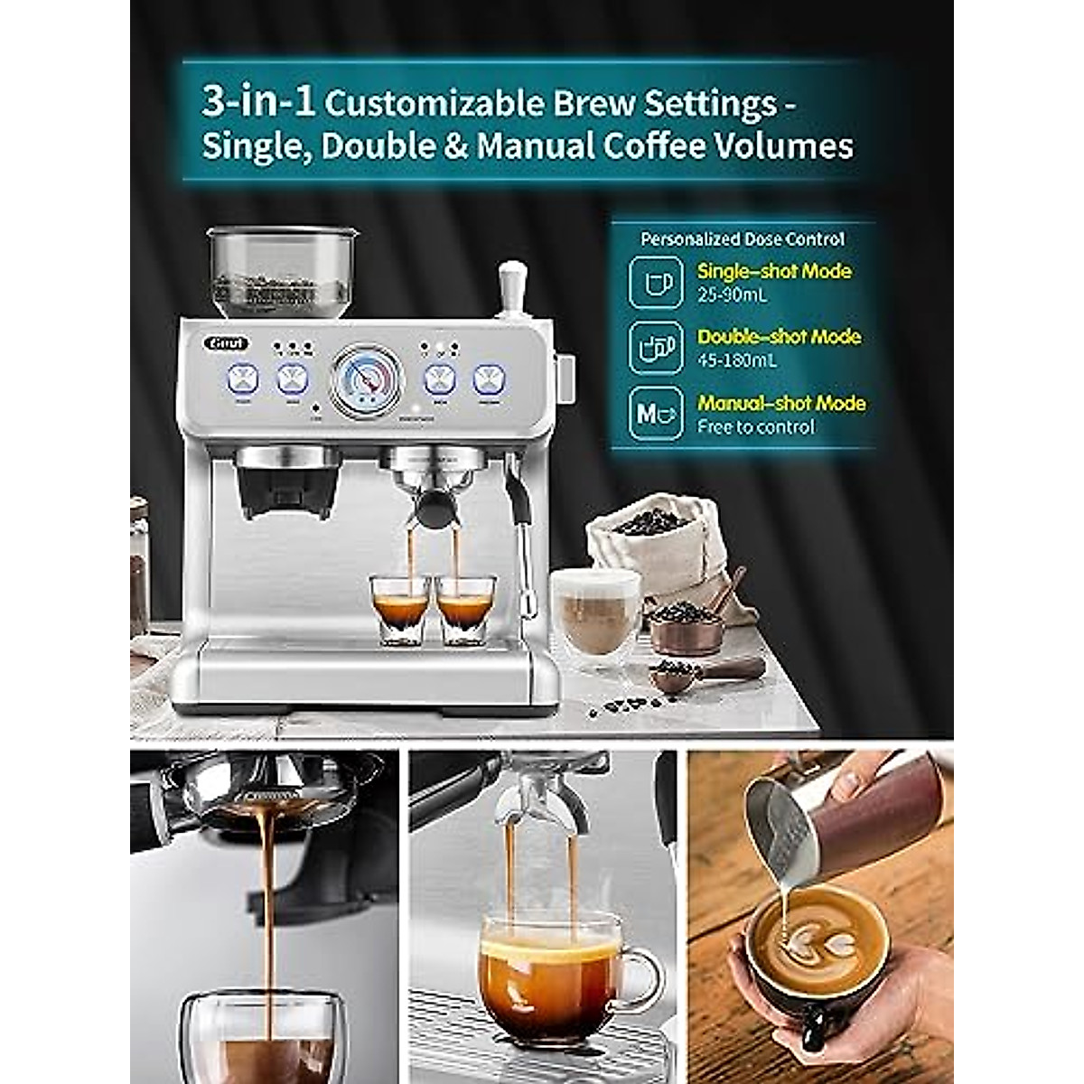 Gevi 20Bar Semi Automatic Espresso Machine With Grinder & Steam Wand – All in One Espresso Maker & Latte Machine for Home Dual Heating System