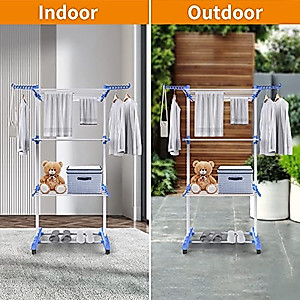 Mbillion Clothes Drying Rack Wall Mounted Space Saver Clothes Hanger Rack with Towel Bar Heavy Duty Suction Cups for Balcony Laundry Bathroom Patio and Bedroom (Blue)