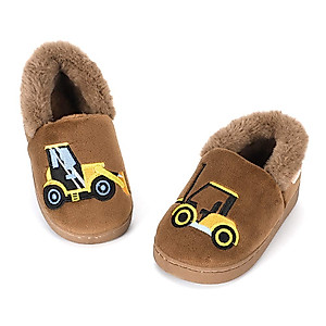 ESTAMICO Boys Girls Warm Slippers Cartoon Truck Kids Winter Indoor Household Shoes, Khaki 9-10 Toddler