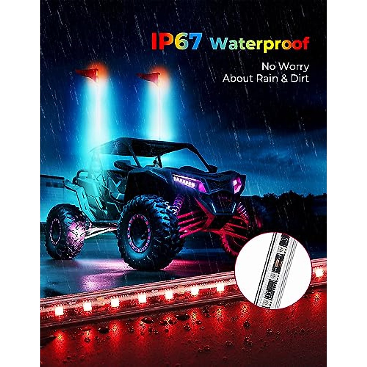 KEMIMOTO 5FT 2PCS LED Whip Lights with Spring Bases for UTV ATV, 22 Modes 21 Colors 5 Brightness 10 Speed IP67 Waterproof Wireless Control, compatible with Can Am Maverick X3 Polaris RZR Kawasaki SxS